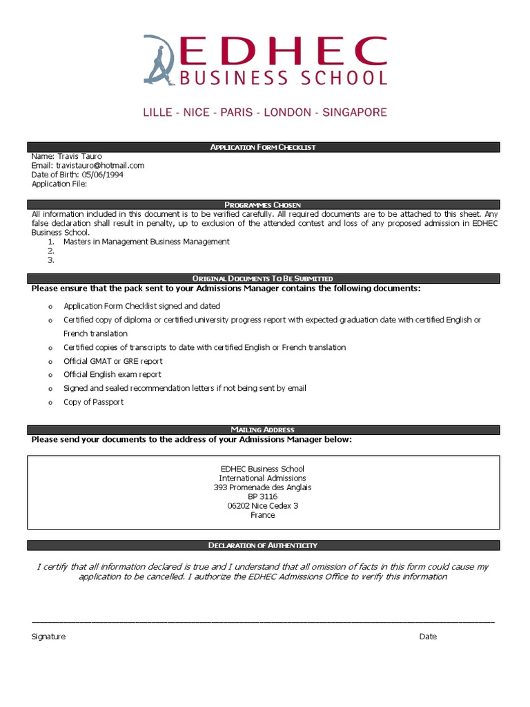 EDHEC Application Form Checklist | PDF | Career & Growth | Technology ...