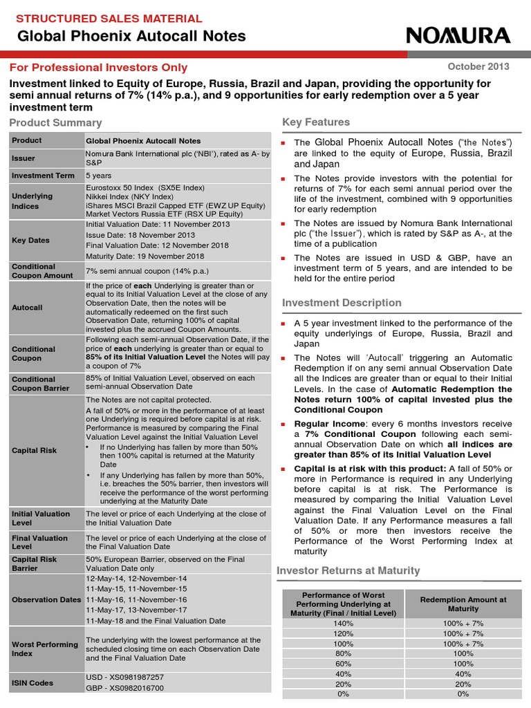 Nomura Global Phoenix Autocallable Factsheet | PDF | Stock Market Index ...