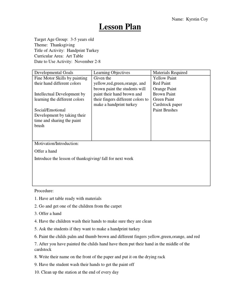 Lesson Plan-Thanksgiving Handprint Turkey | PDF