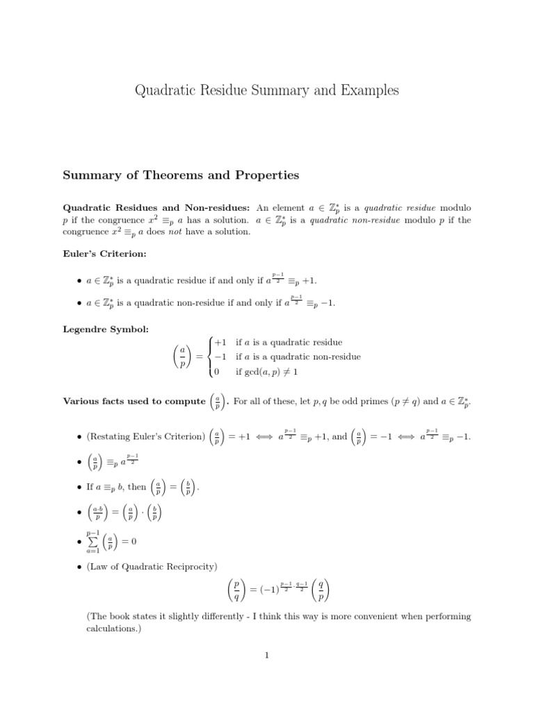 Quadratic Residue Summary and Examples | PDF | Prime Number | Discrete ...