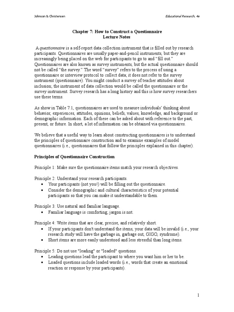 Chapter 7: How To Construct A Questionnaire Lecture Notes: Johnson ...