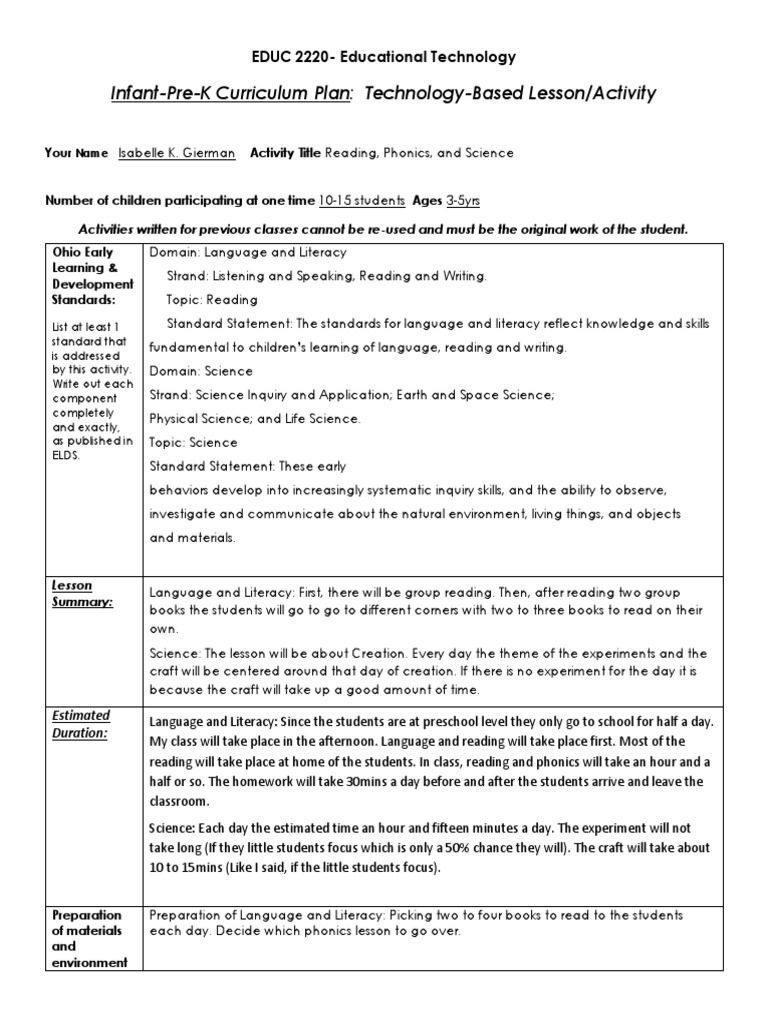 Pre-K Technology-Based Curriculum Plan | PDF | Reading (Process) | Literacy