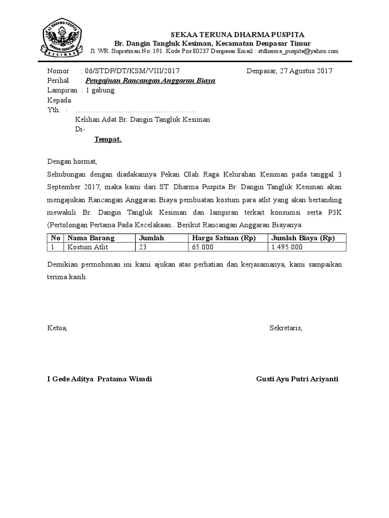 06 Surat Pengajuan RAB Kostum PORKEL 2017 | PDF