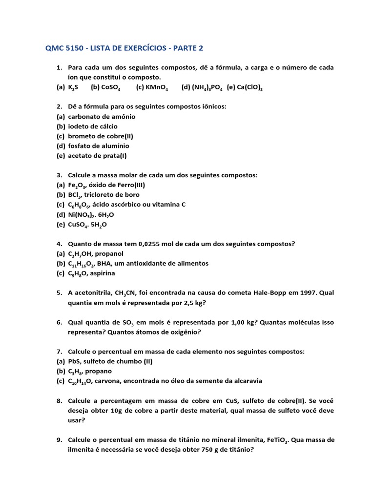 Lista de exercícios sobre fórmulas químicas, cálculos estequiométricos ...