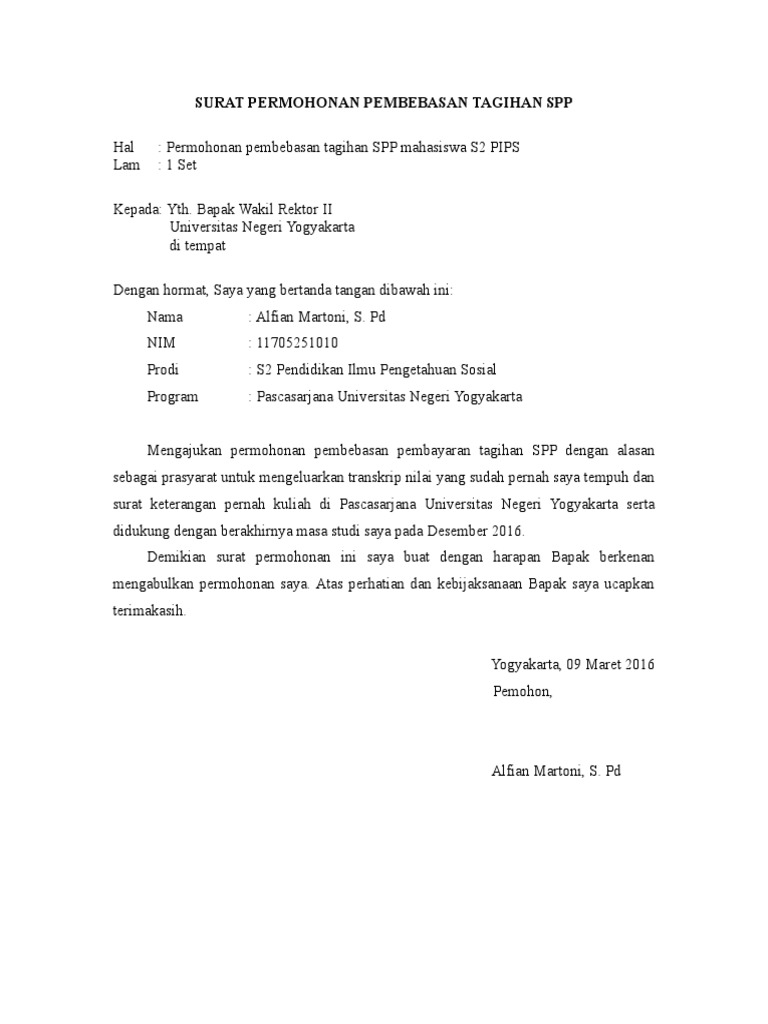 Surat Permohonan Pembebasan Tagihan SPP | PDF