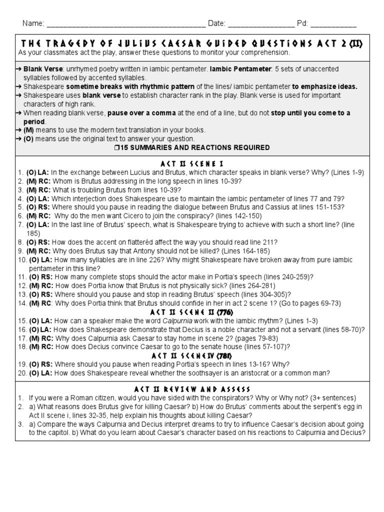 Julius Caesar Act 2 Study Guide | PDF | Marcus Junius Brutus The ...