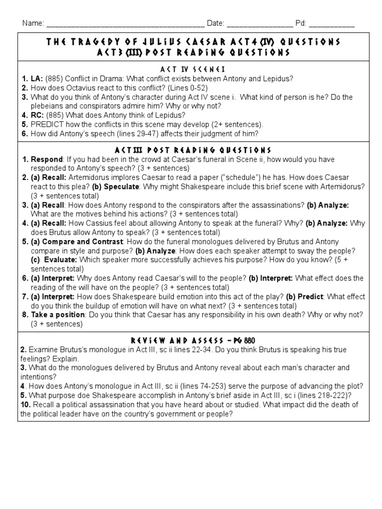Julius Caesar Guided Questions Act 4 | PDF | Marcus Junius Brutus The ...