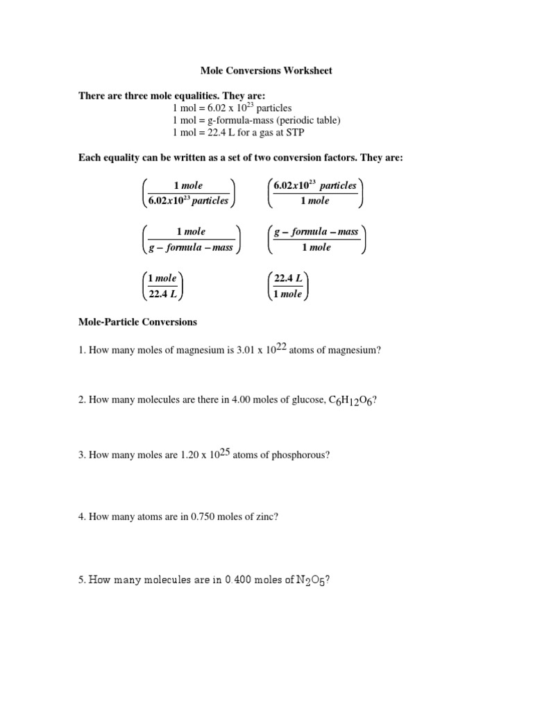 5b Mole Conversions Worksheet | PDF | Mole (Unit) | Gases