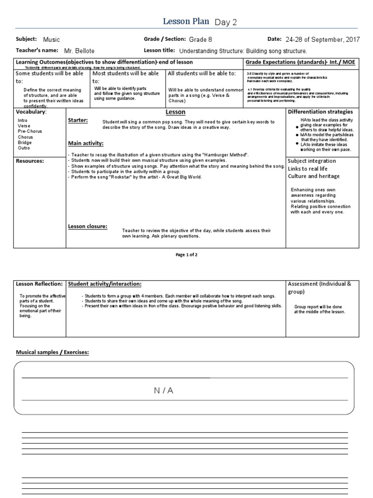 Day 2 - Grade 8 Lesson Plan Music 2017-2018 | PDF | Song Structure ...