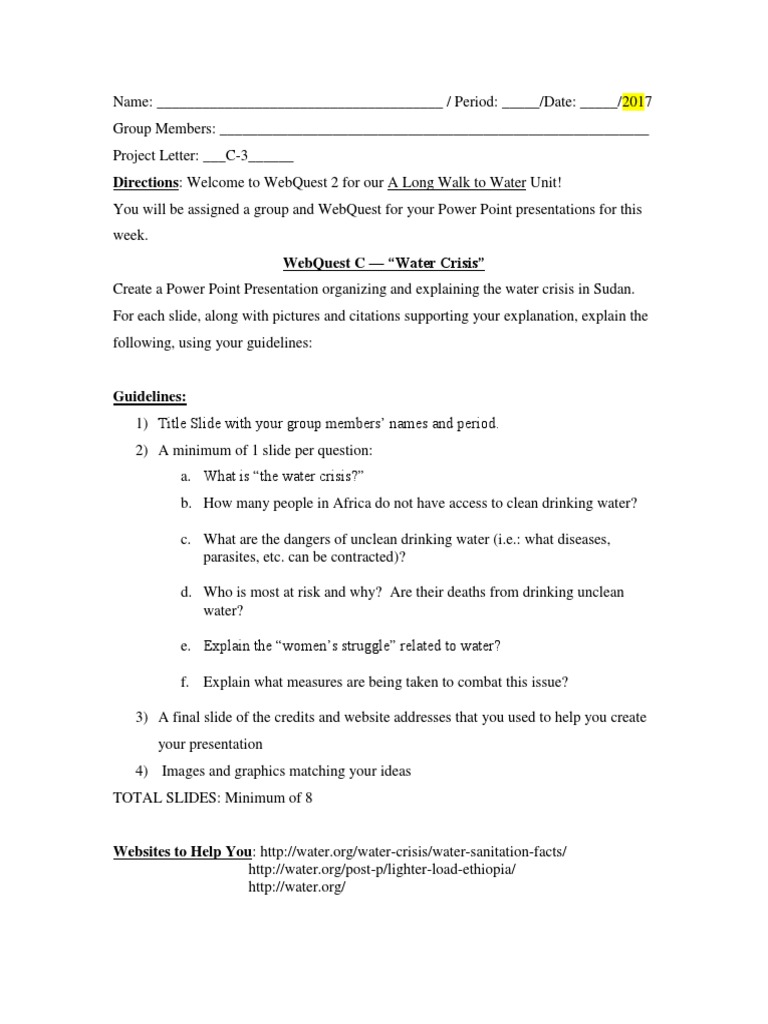 Directions: Welcome To Webquest 2 For Our A Long Walk To Water Unit! | PDF