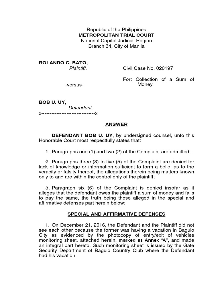 Civil Case Answer | PDF | Lawsuit | Virtue