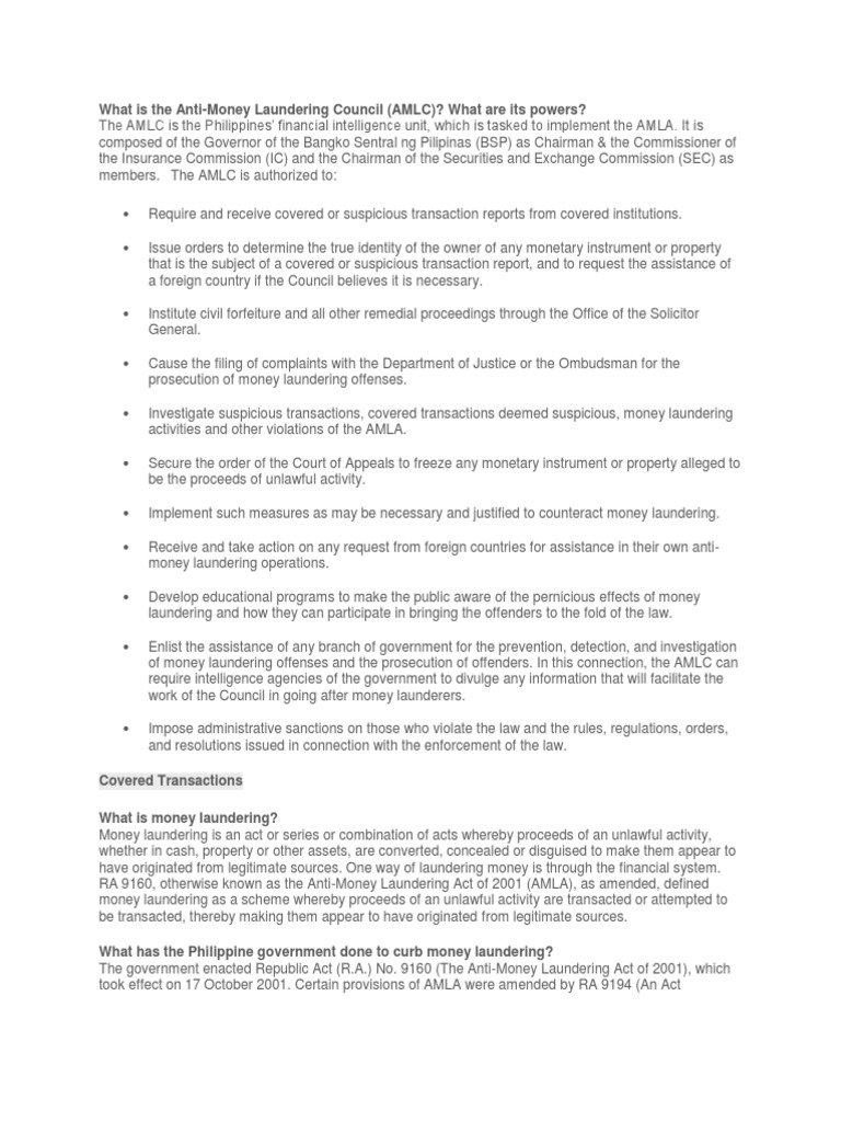 AMLA Summary | PDF | Money Laundering | Government Information