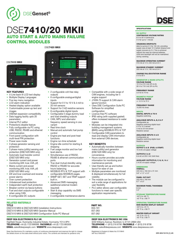 Dse 74xx Mkii Data Sheet Us | PDF | Electromagnetic Compatibility | Mains Electricity