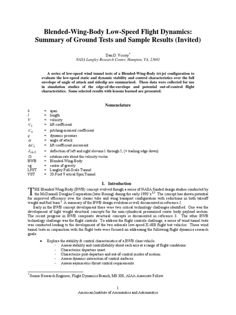 Blended Wing Body Low Speed Flight Dynamics | PDF | Wind Tunnel ...