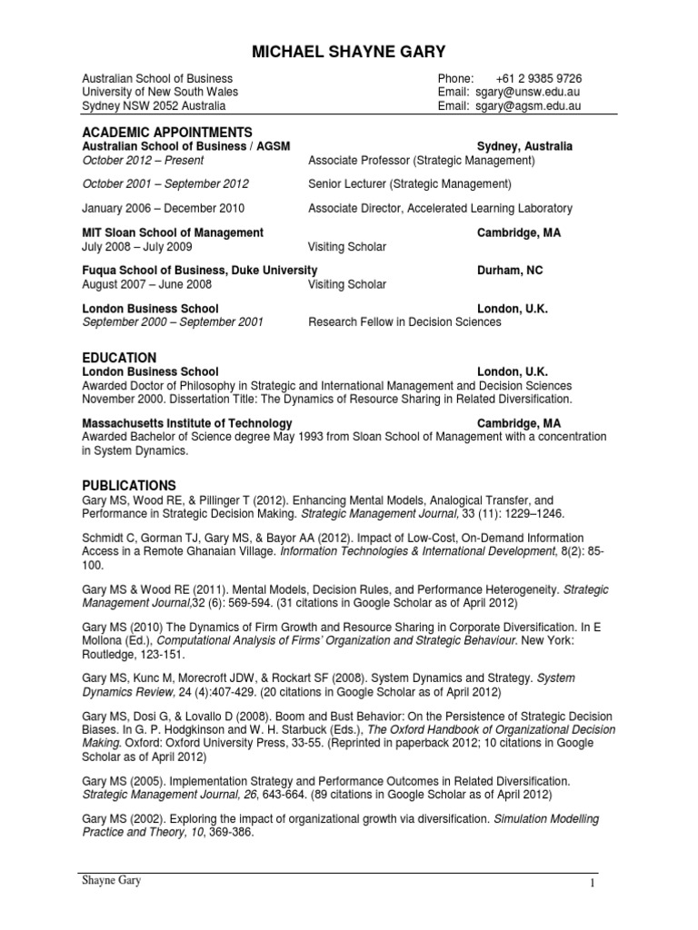 Shayne Gary CV | PDF | Doctor Of Philosophy | Strategic Management