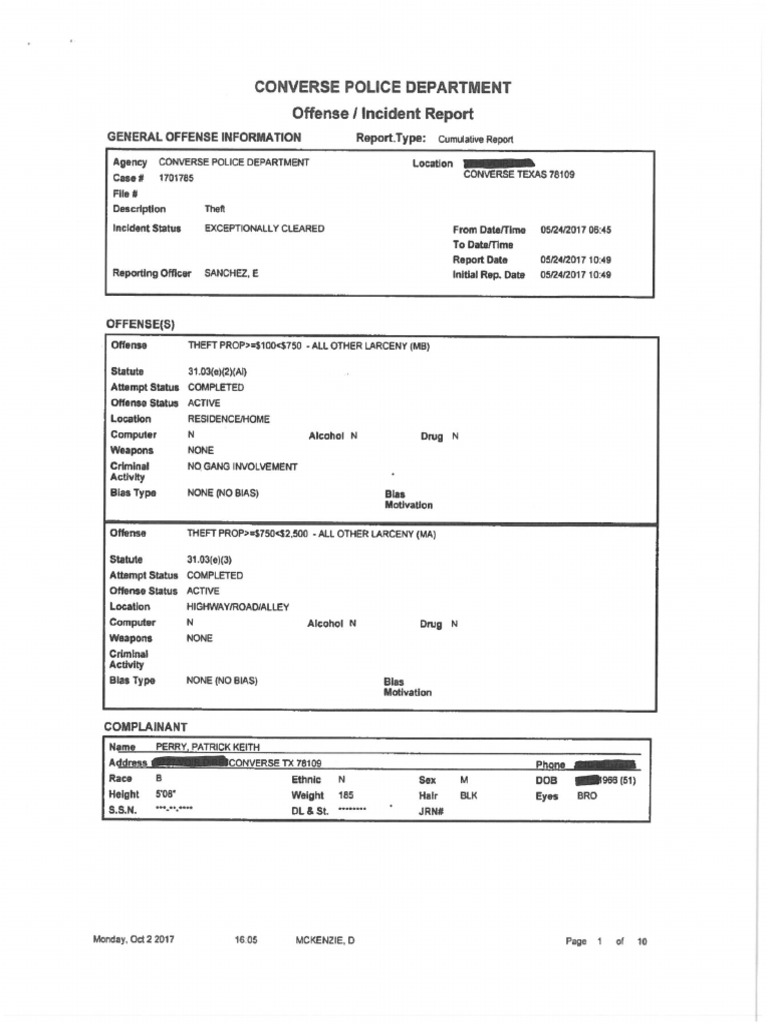 Incident Report, Converse Police Department | PDF | Law Enforcement ...