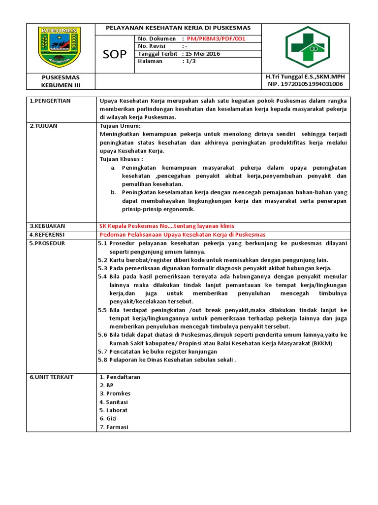 Sop-Pelayanan Kesehatan Kerja Di Puskesmas | PDF