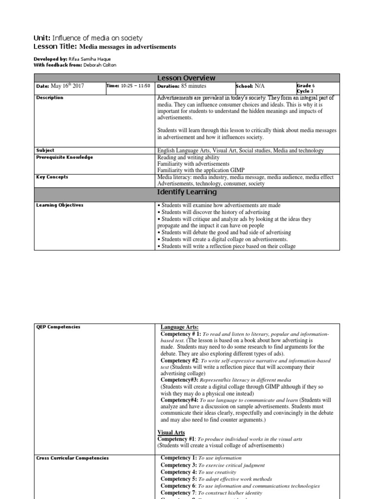 Lesson Plan Advertisement | PDF | Advertising | Educational Assessment