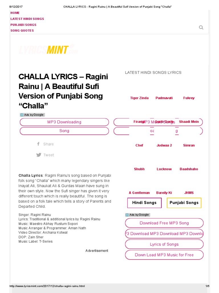 CHALLA LYRICS - Ragini Rainu - A Beautiful Sufi Version of Punjabi Song - Challa | PDF