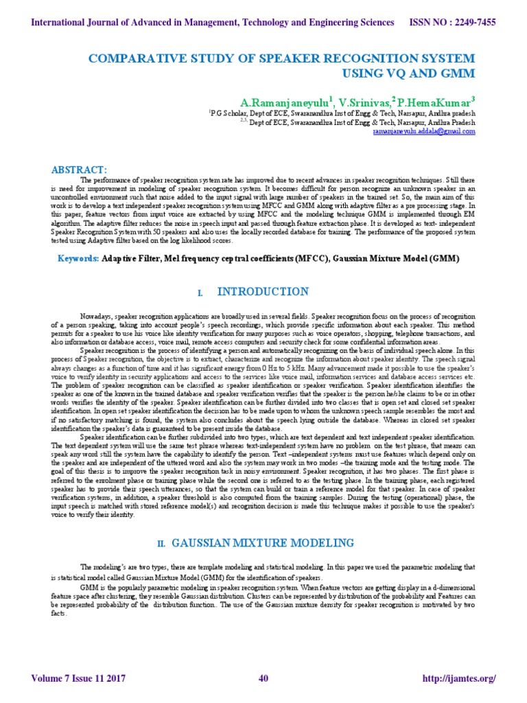 Comparative Study of Speaker Recognition System Using VQ and GMM | PDF | Applied Mathematics ...