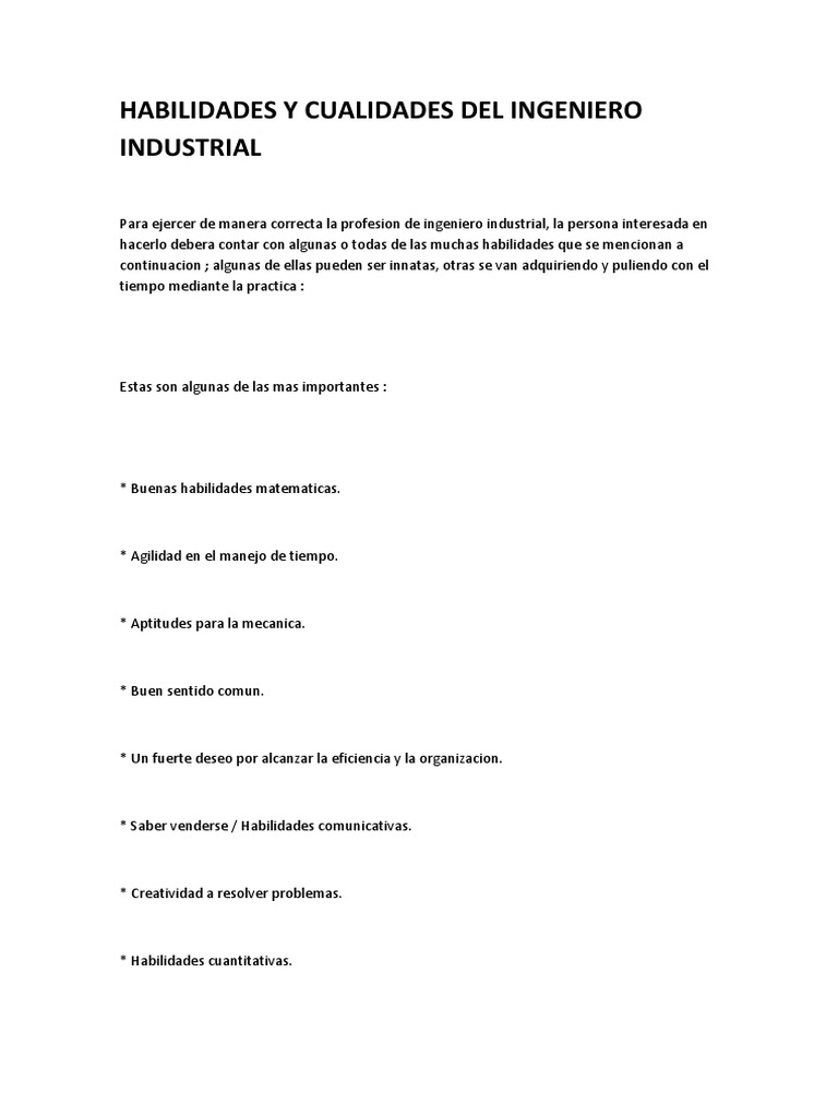 Habilidades y Cualidades Del Ingeniero Industrial | PDF | Ingeniería ...