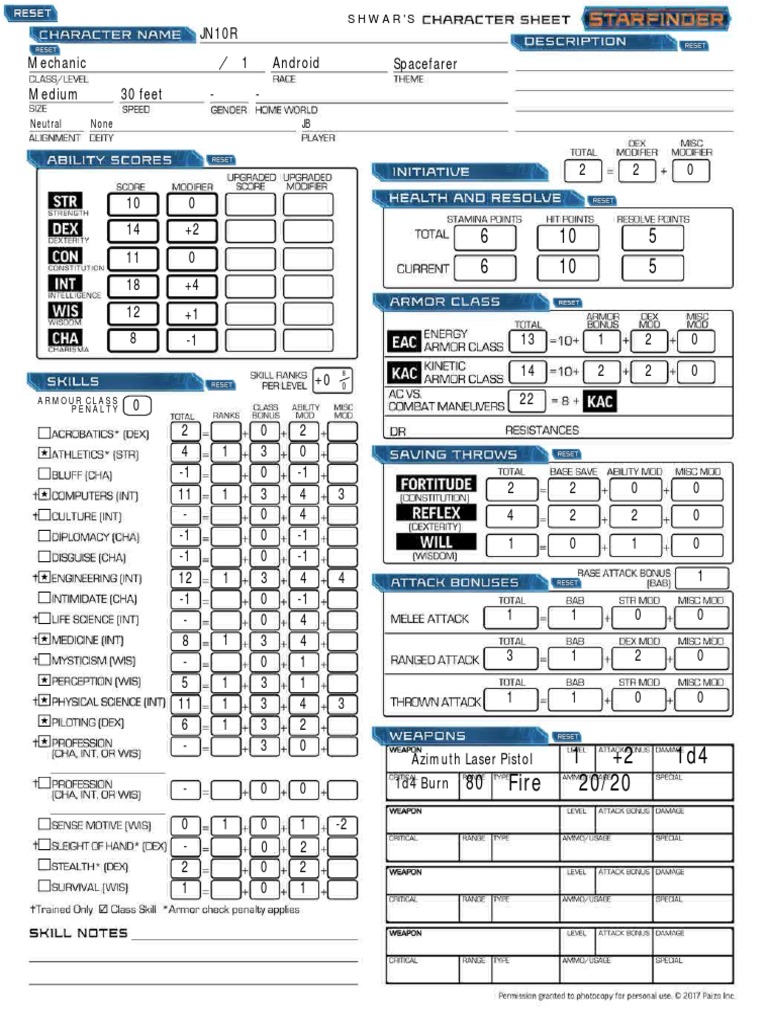 Starfinder Character Sheet JN10R | PDF | Military Equipment | Weaponry