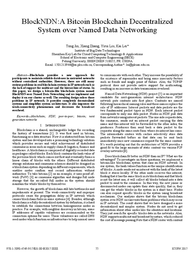 1 BlockNDN A Bitcoin Blockchain Decentralized System Over Named Data Networking | PDF | Network ...