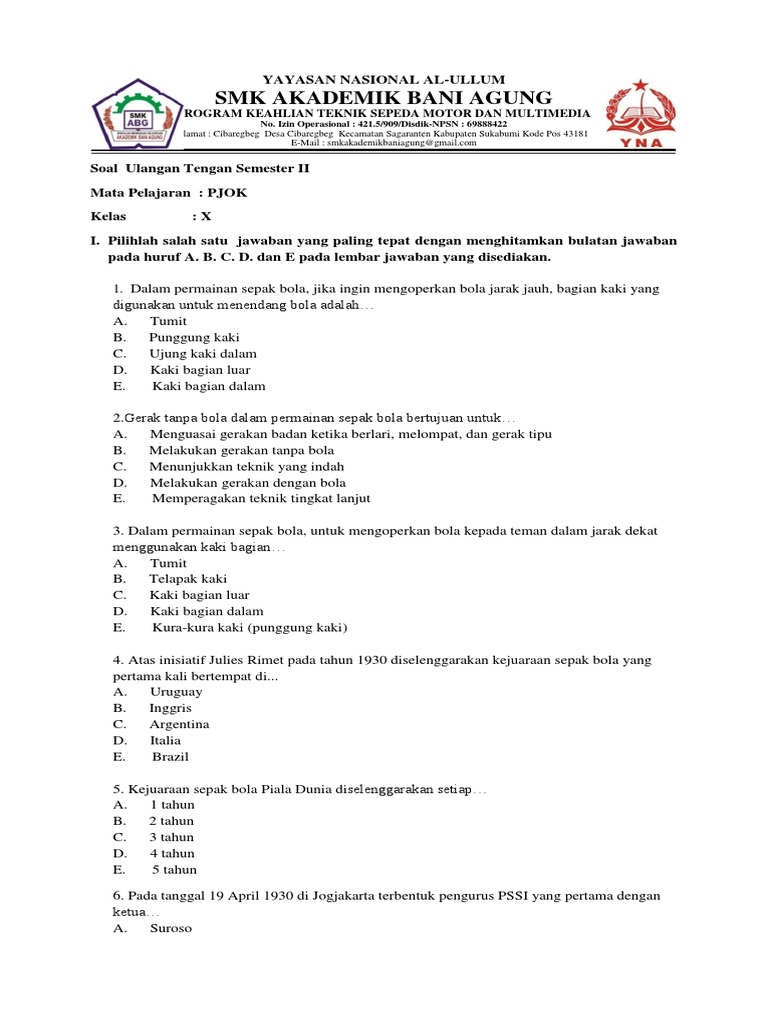 Soal Uts Pjok Kelas X Xi SMK Abg | PDF