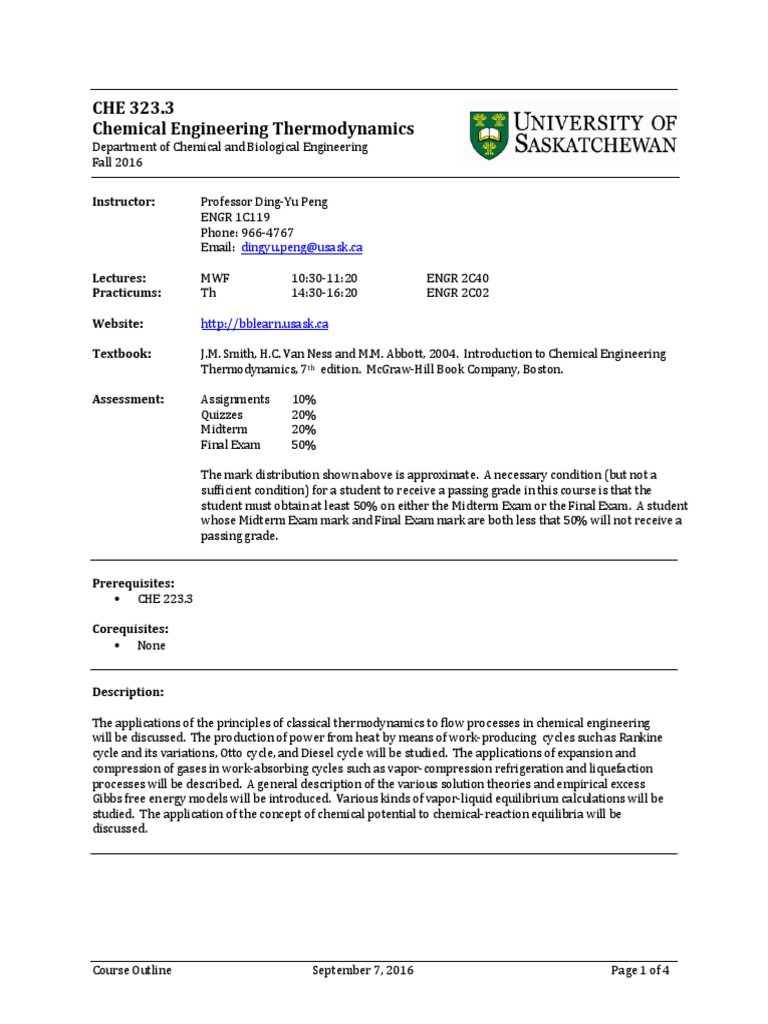 CHE 323-Syllabus (2016-2017) | PDF | Chemical Equilibrium | Thermodynamics