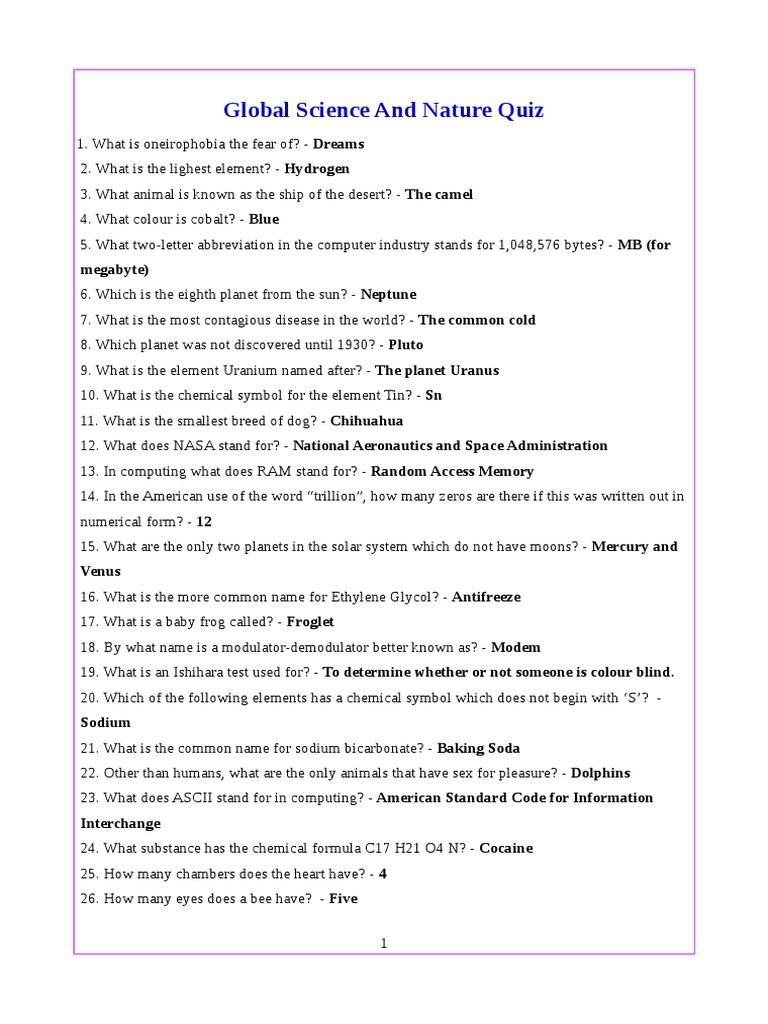 Global Science and Nature Quiz | PDF | Chemical Elements | Planets