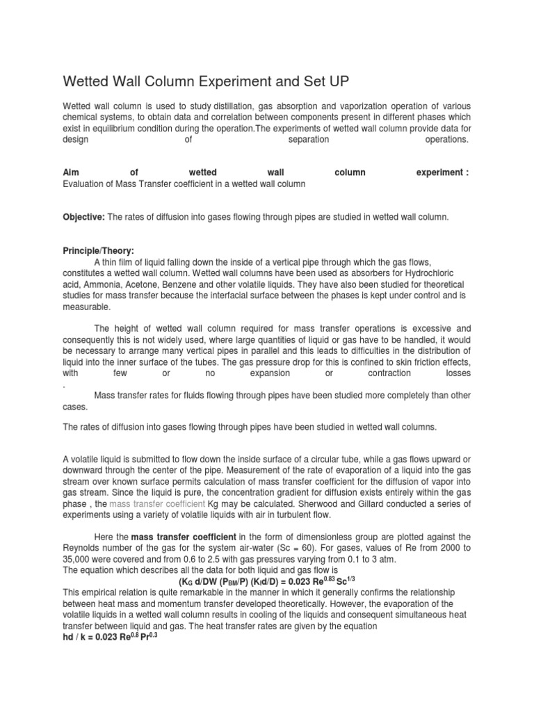 Wetted Wall Column Experiment and Set UP | PDF | Mass Transfer | Gases