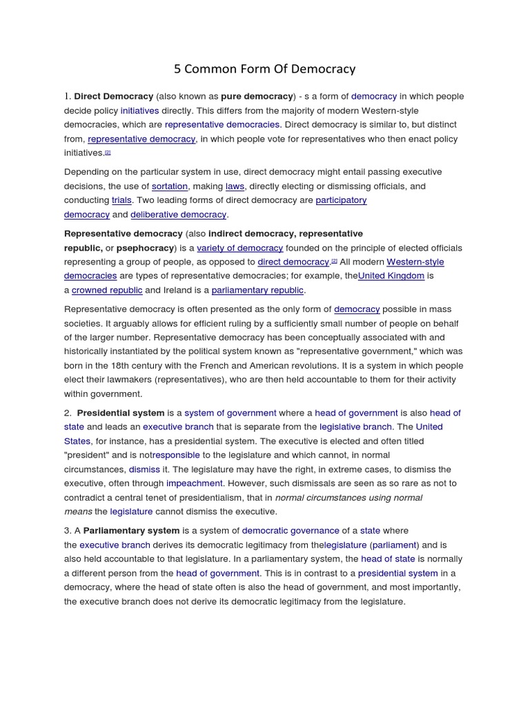 5 Common Form of Democracy | PDF | Forms Of Government | Dictatorship