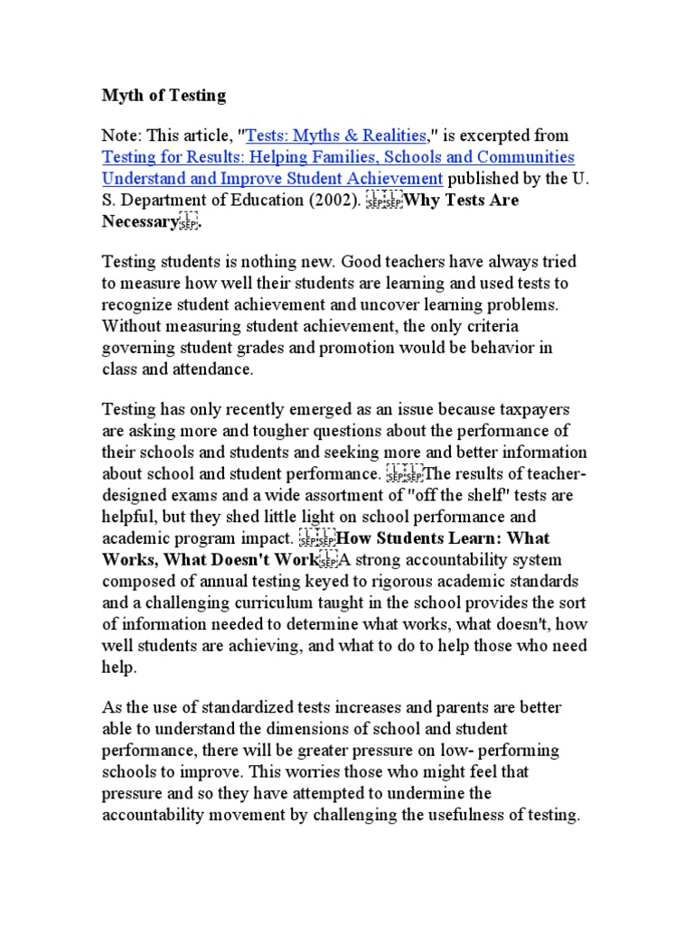 Tests: Myths & Realities Testing For Results: Helping Families, Schools ...