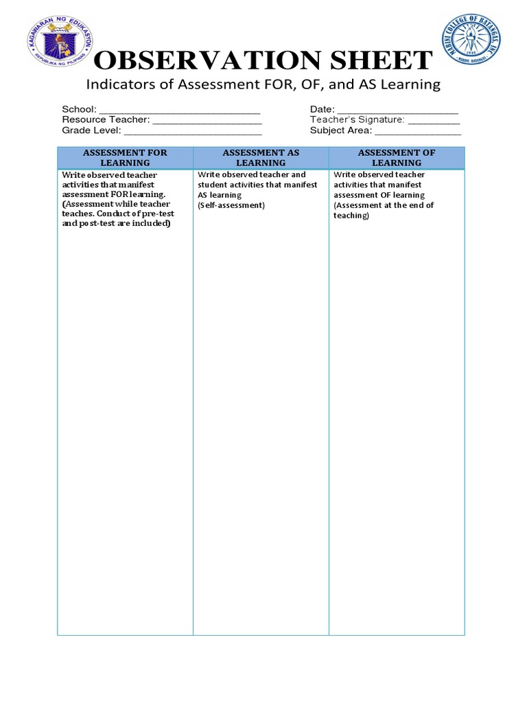 Observation Sheet Fs | PDF | Educational Assessment | Teachers