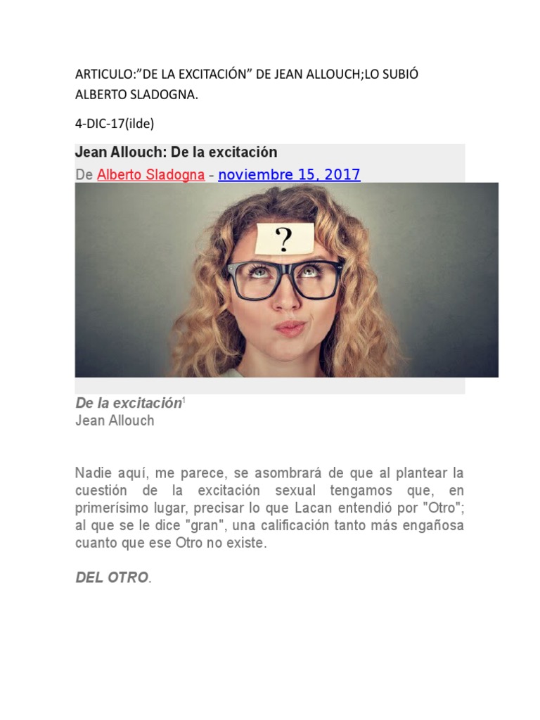 De La Excitacion, Exposicion Del Psicoanalista Jean Allouch | PDF | Jacques Lacan | Verdad
