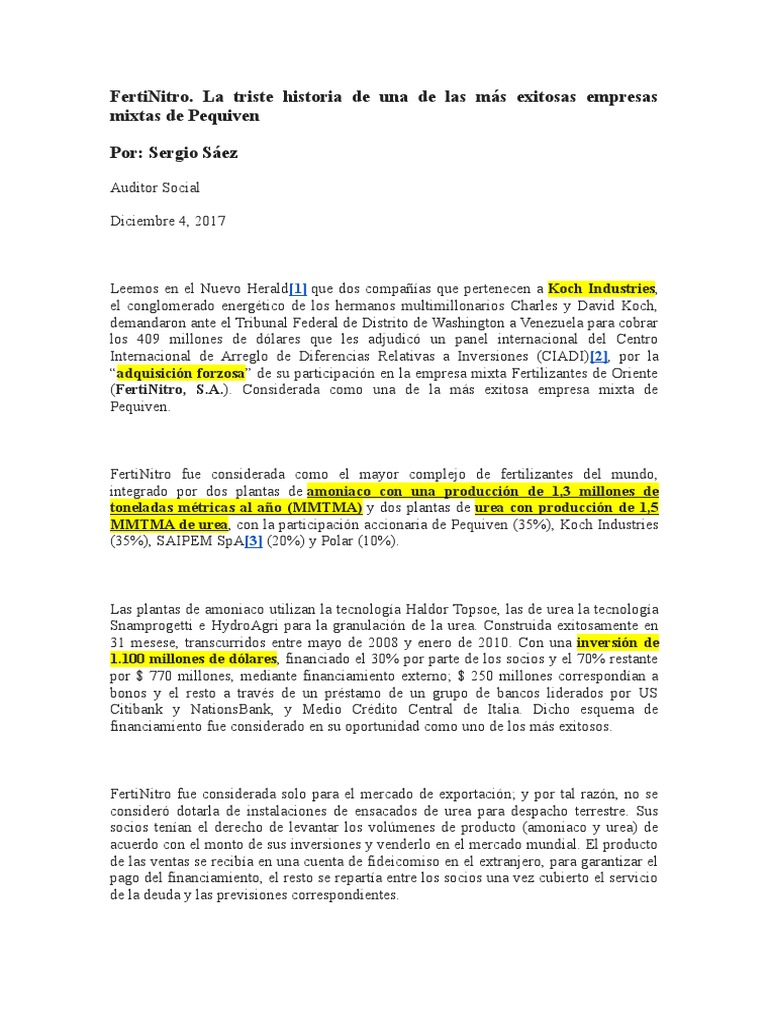 FertiNitro. Una Empresa Quebrada. (PEQUIVEN) | PDF | Venezuela ...