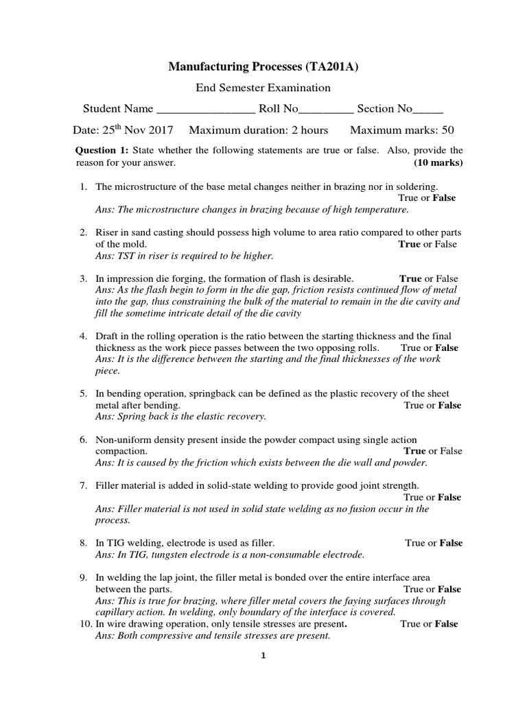 End Sem Exam TA201 20170923 Final Solution | PDF | Welding | Construction
