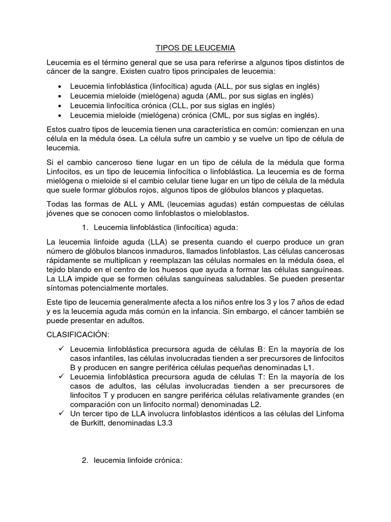 Tipos de Leucemia: Guía Concisa | PDF | Leucemia | Leucocito