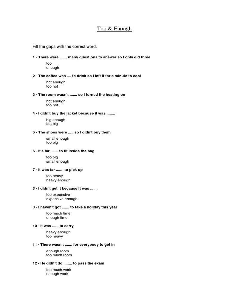 Too and Enough Exercise | PDF | Leisure