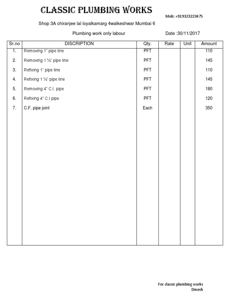 Plumbing Work Rate List 2025 | PDF