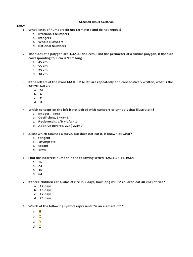 SHS Questions 1 | Elementary Mathematics | Geometry