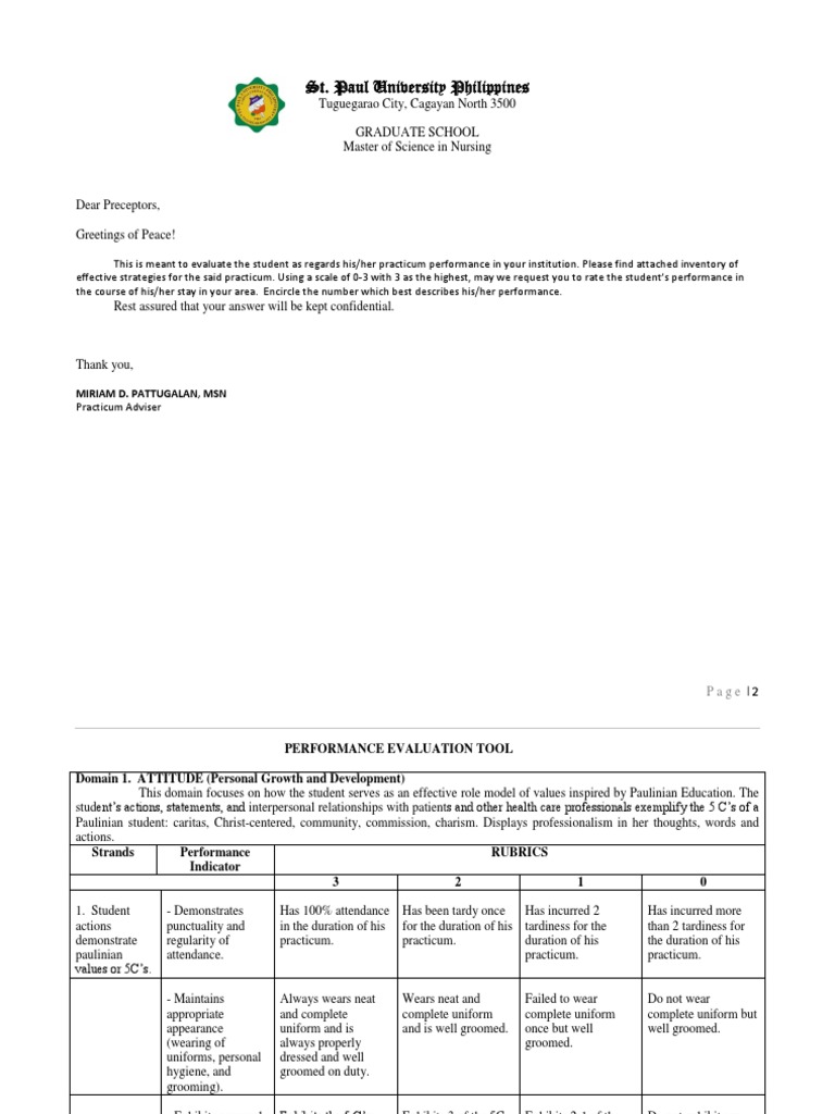 Graduate Nursing Practicum Evaluation Tool | PDF | Nursing | Patient