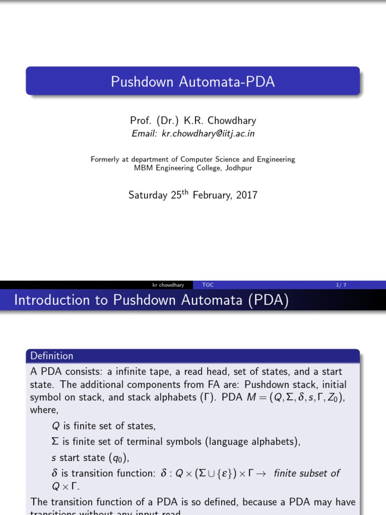 Pushdown Automata-PDA: Prof. (DR.) K.R. Chowdhary | PDF | Applied ...