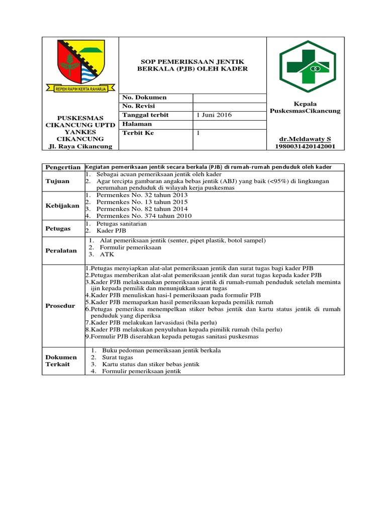 Sop Pemeriksaan Jentik Berkala (PJB) Oleh Kader | PDF