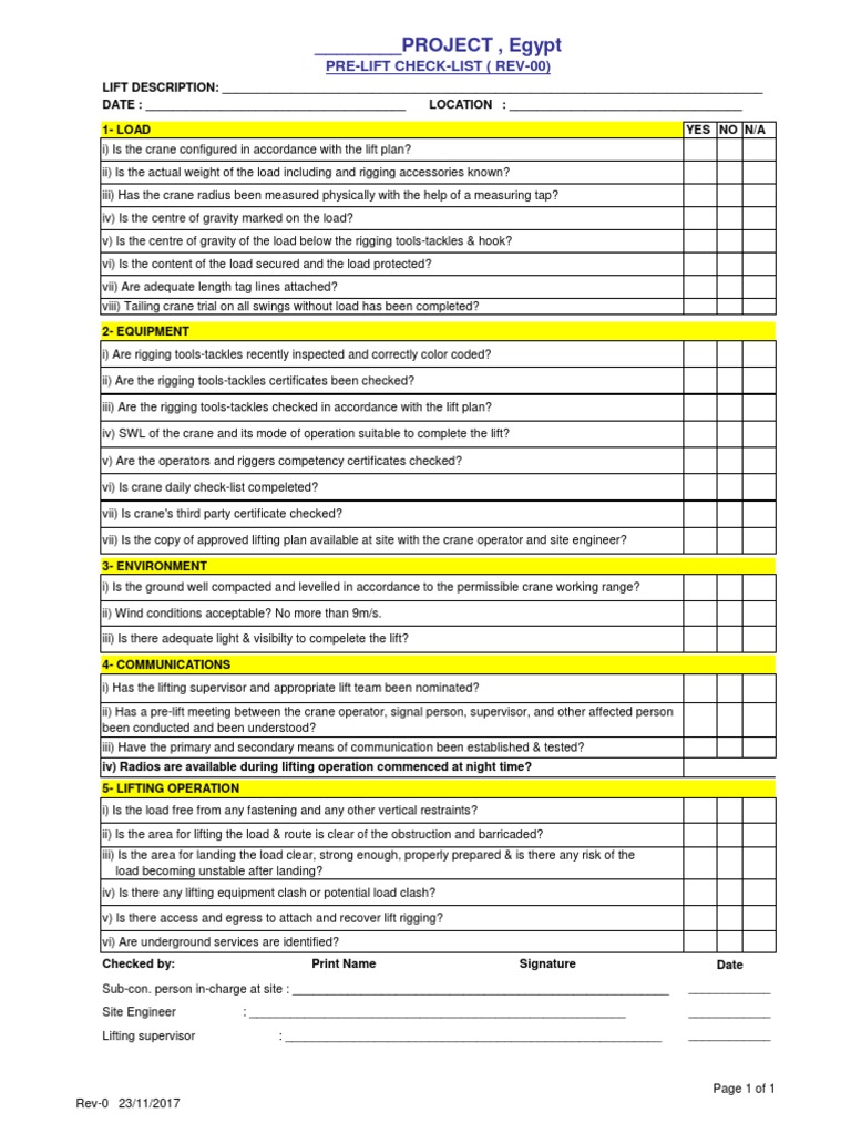 Pre Lift Check List | PDF | Crane (Machine)