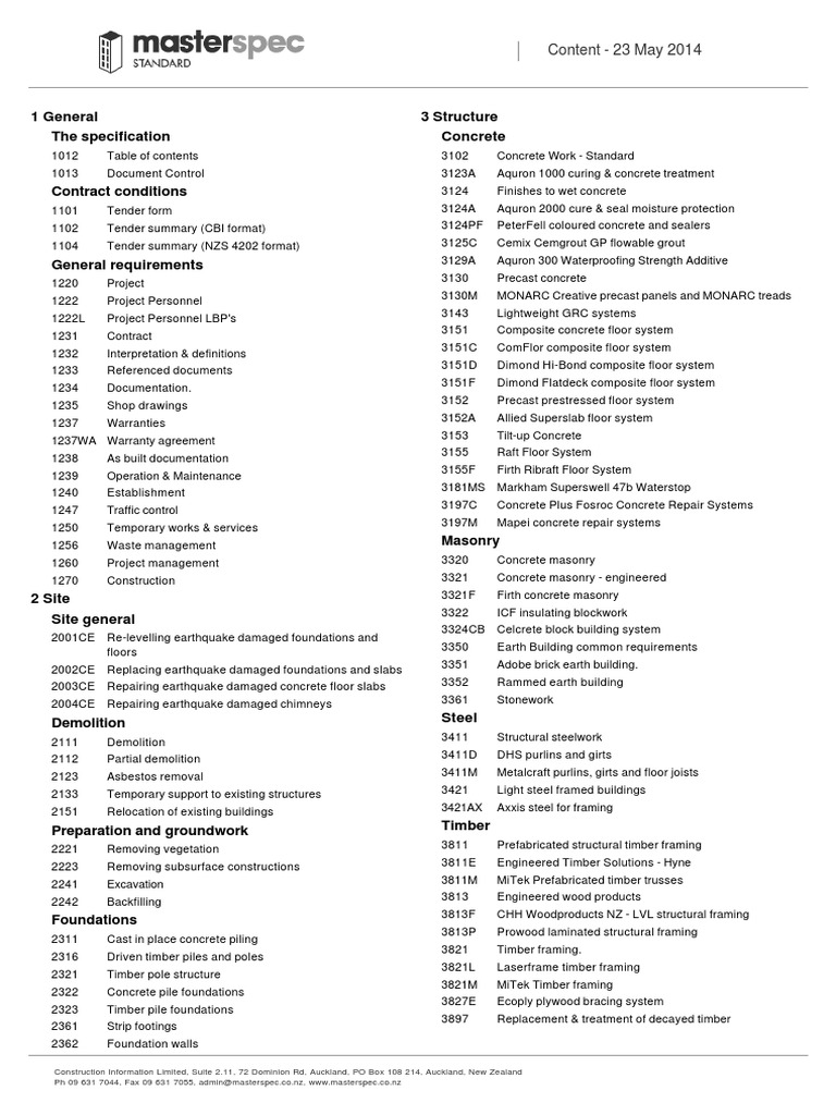 Masterspec Standard Fullindex | PDF | Flooring | Masonry