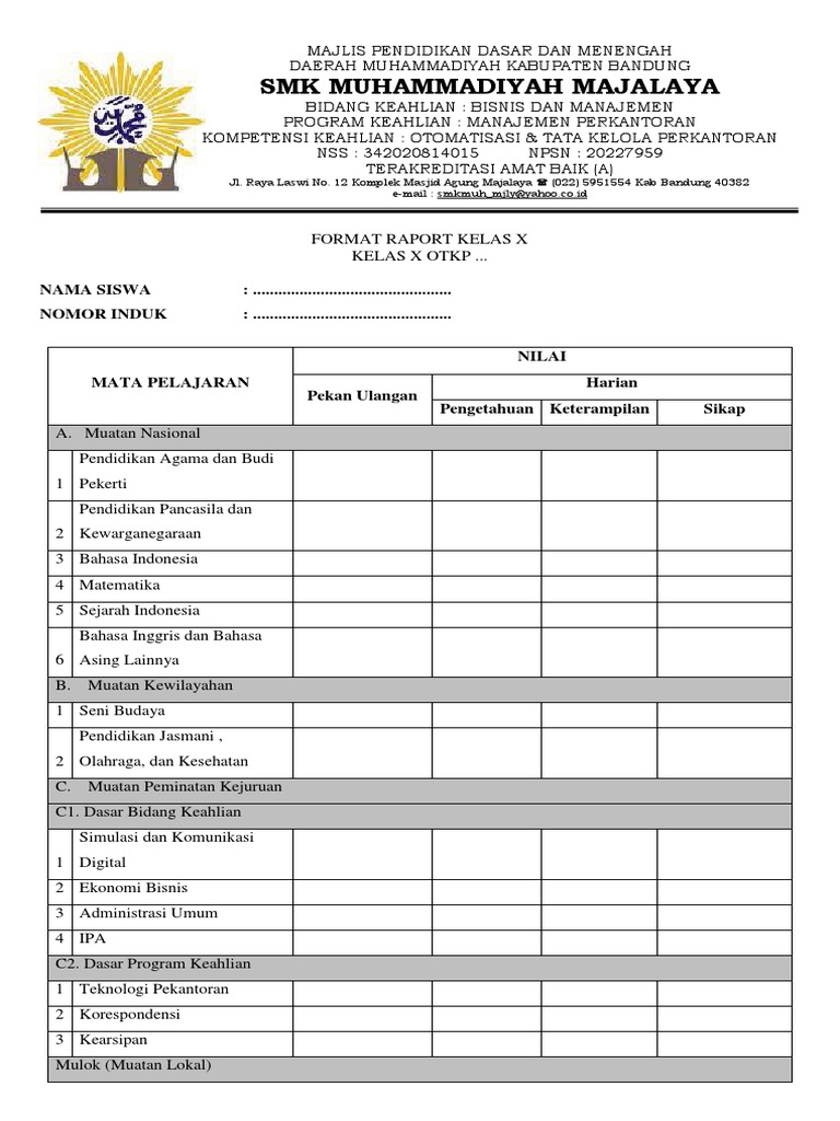 Format Raport SMK Kurikulum Merdeka | PDF