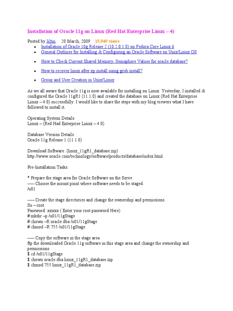 Installation Of Oracle 11g On Linux Pdf Linux Oracle Database 6134