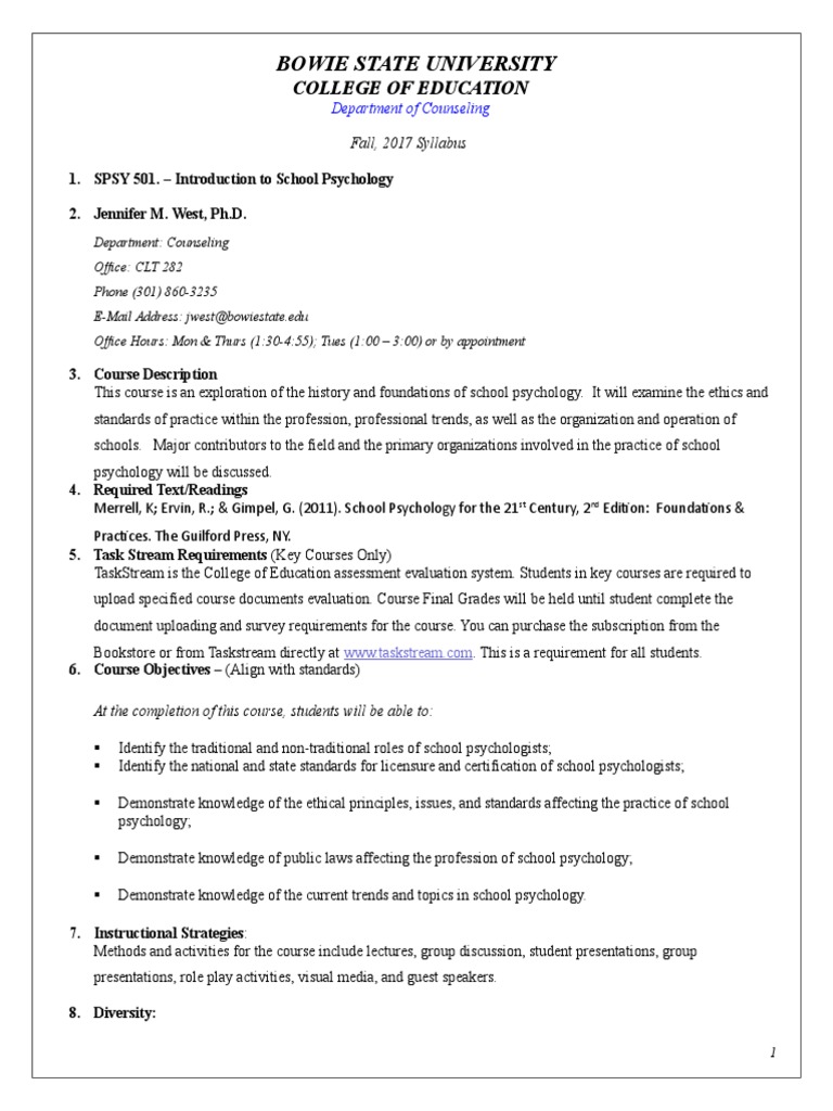 Spsy 501 Intro Syllabus 2017 1 | PDF | School Psychology | Learning