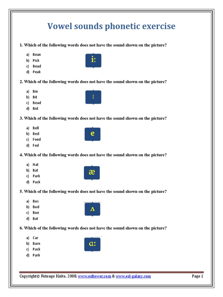 Vowel Sounds Phonetic Exercise Quiz PDF | PDF | Games & Activities ...
